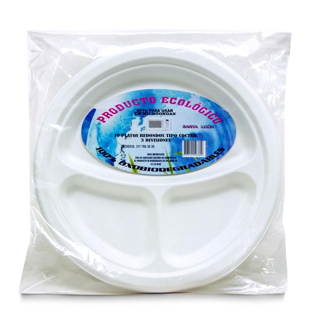 Plato Redondo 3 Divisiones Biodegradable Santa Lucia 10 Unidades ...